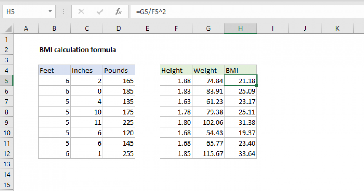 BMI Calculation Formula Excel Formula Exceljet